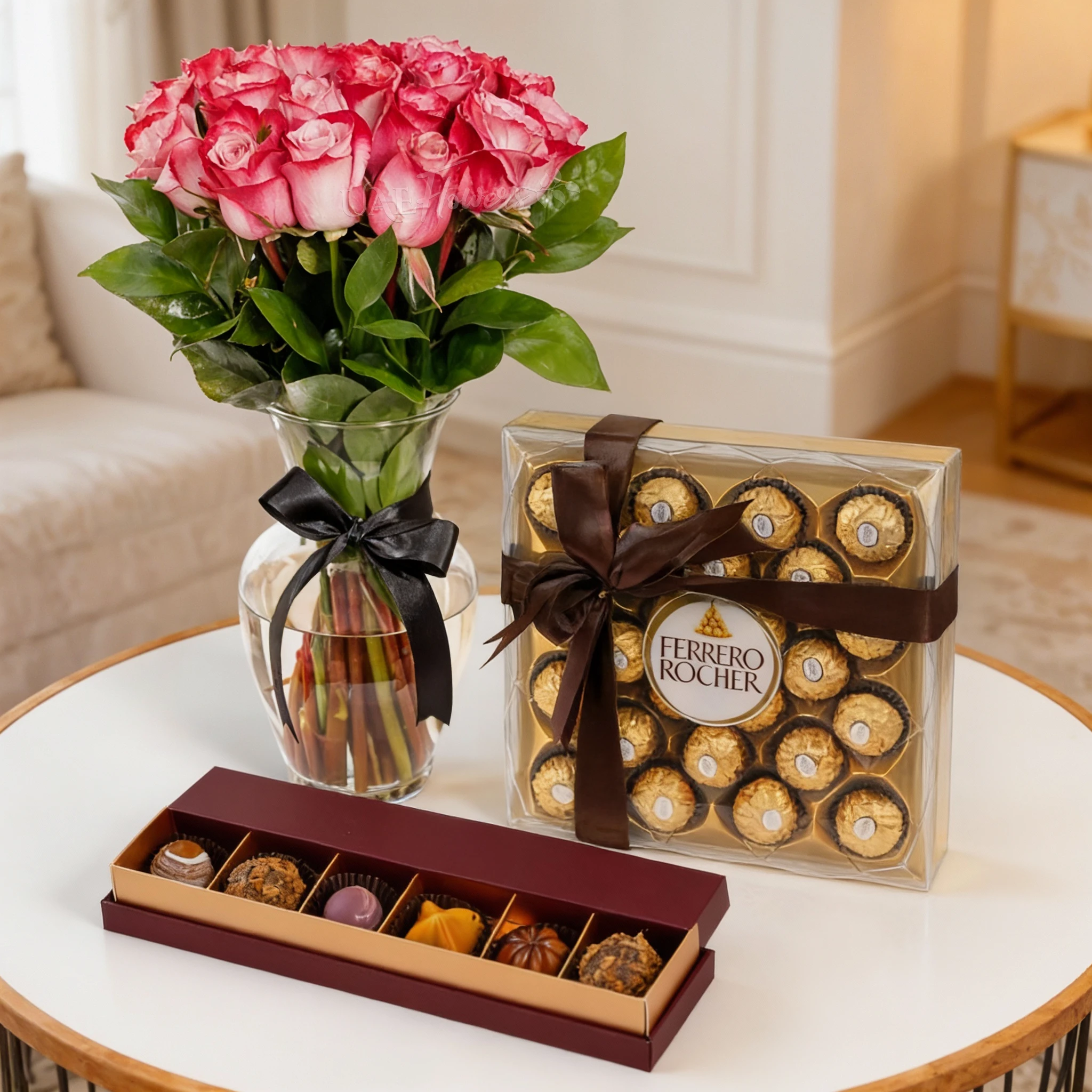 20 Purple Roses in Glass Vase with Ferrero & Pistache Box