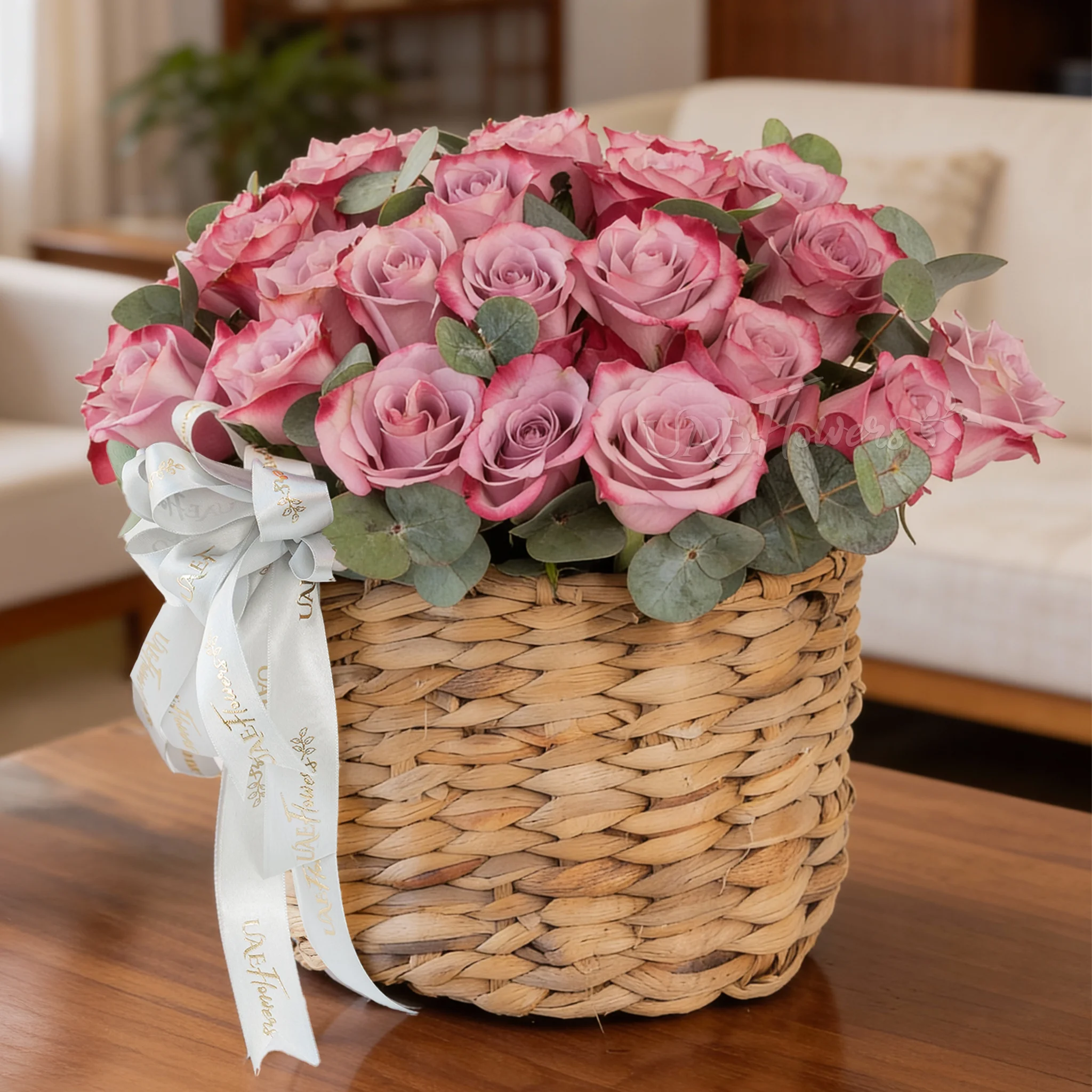 24 Purple Roses in a Basket | Elegant Flower Arrangement
